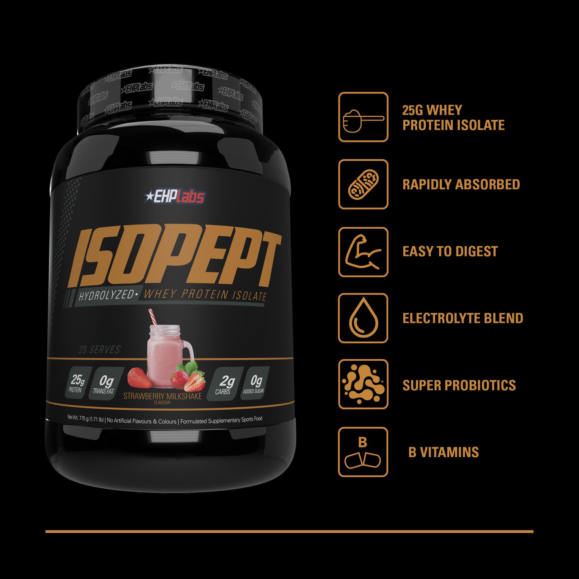 IsoPept Hydrolyzed Whey Protein Powder by EHPlabs - 100% Whey Protein Isolate & Hydrolysate, 27g of Protein, Non-GMO, Gluten Free, Fast Absorbing, Easy Digesting, 27 Serves (Strawberry Milkshake)