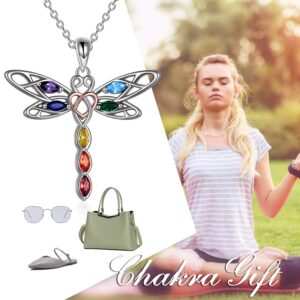 POPLYKE Dragonfly 7 Chakra Necklace for Women Sterling Silver Celtic Dragonfly Pendant Necklace Jewelry Mother Birthday Mom Gifts for Mom Wife