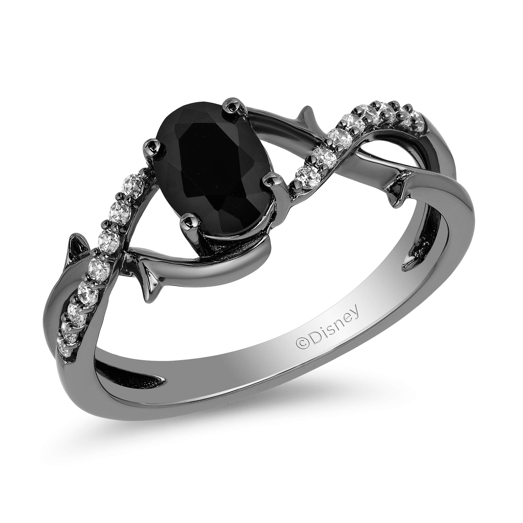 Jewelili Enchanted Disney Fine Jewelry Black Rhodium Over Sterling Silver 7x5MM Oval Black Onyx and 1/10 Cttw Diamonds Maleficent Ring, Size 6