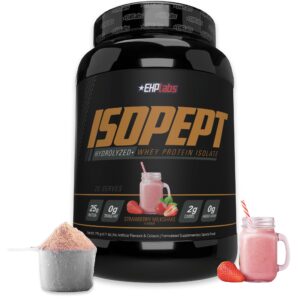 isopept hydrolyzed whey protein powder by ehplabs - 100% whey protein isolate & hydrolysate, 27g of protein, non-gmo, gluten free, fast absorbing, easy digesting, 27 serves (strawberry milkshake)