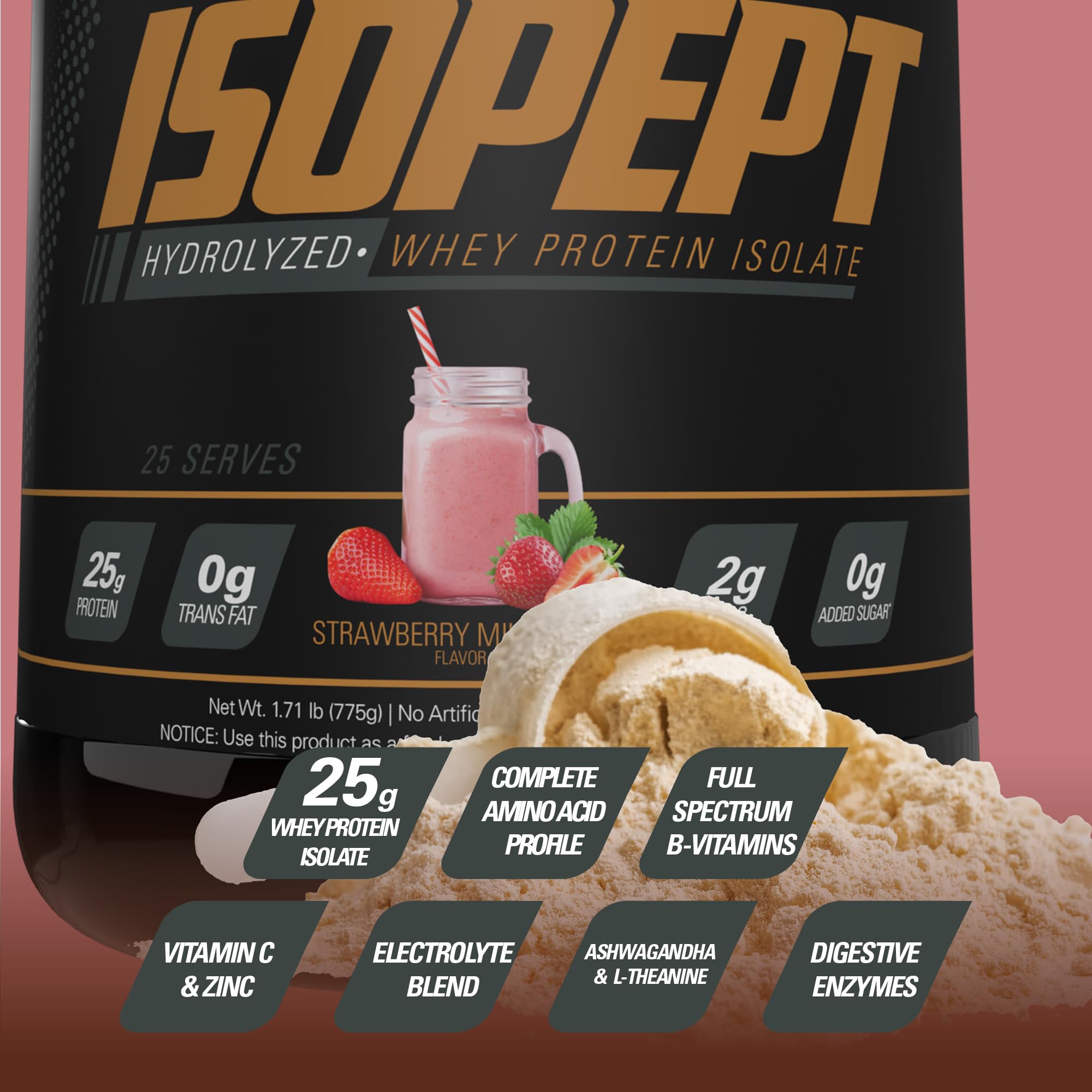 IsoPept Hydrolyzed Whey Protein Powder by EHPlabs - 100% Whey Protein Isolate & Hydrolysate, 27g of Protein, Non-GMO, Gluten Free, Fast Absorbing, Easy Digesting, 27 Serves (Strawberry Milkshake)