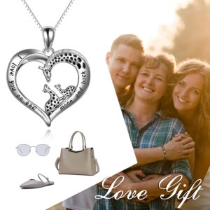 POPLYKE Giraffe Jewelry for Women Sterling Silver Giraffe Family Love Heart Pendant Necklace for Mom Daughter Birthday Mothers Day Gifts