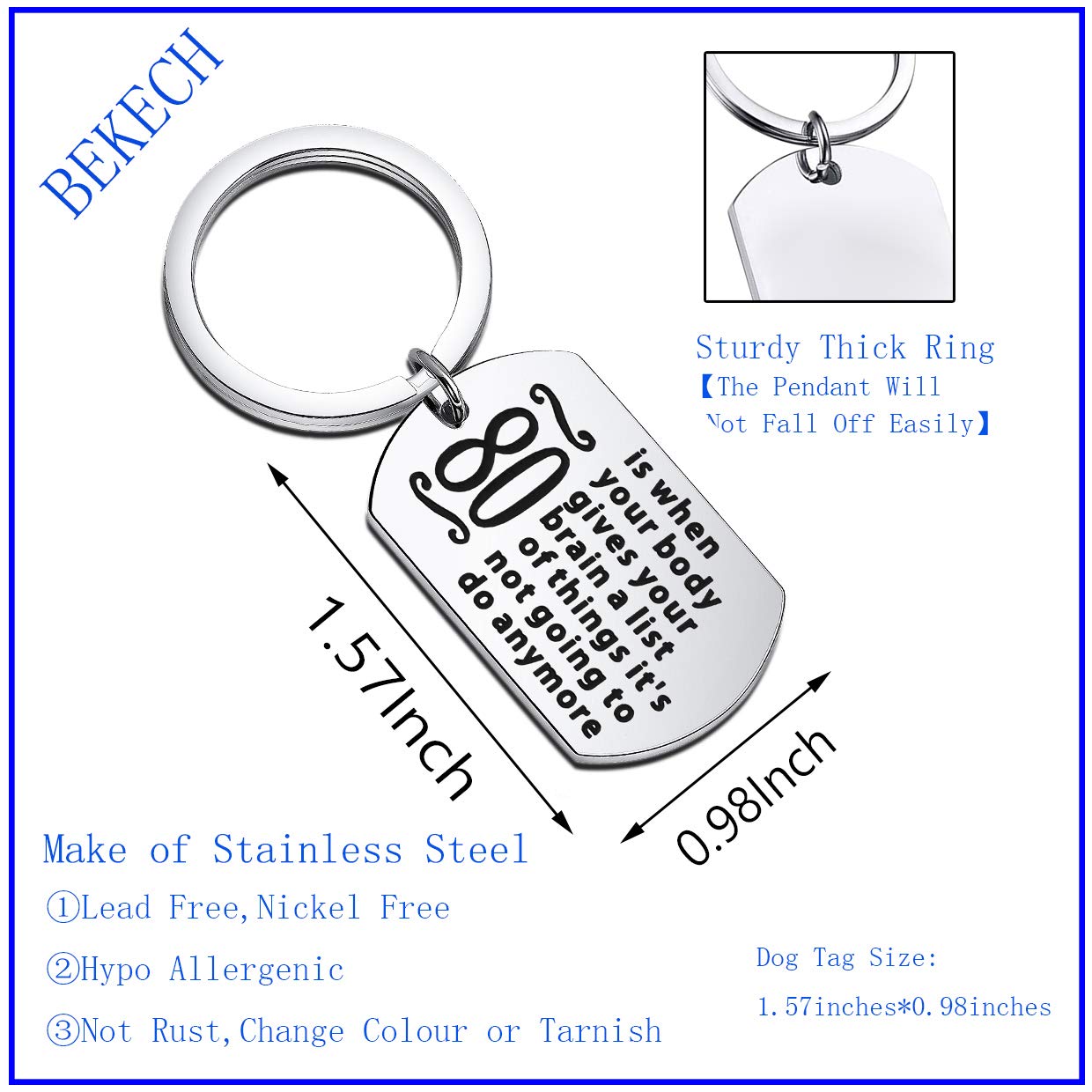 BEKECH 80 Year Old Birthday Gift 80 Is When Your Body Gives Your Brain a List of Things 80TH Birthday Keychain Turning 80 Gift 1940s Born Jewelry for Men Women (silver)