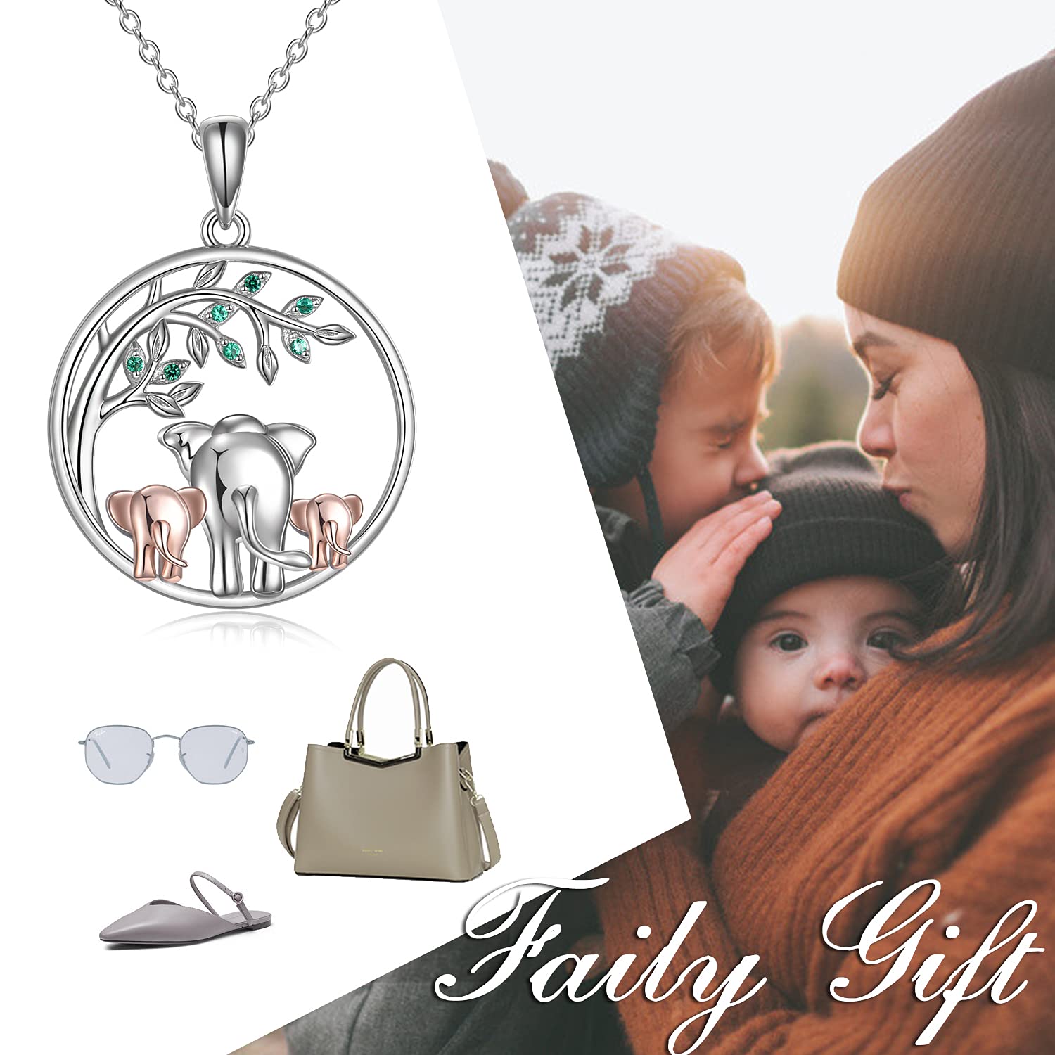 POPLYKE Mom and Baby Elephant Women's Necklace Sterling Silver Elephant Family Sterling Silver Three Elephants Tree of Life Necklace Daughter Husband Gift for Mom