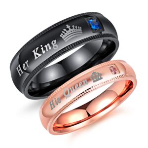 couples her king and his queen enagagement bridal ring set 2pcs, black rose gold color (his 12 her 11)