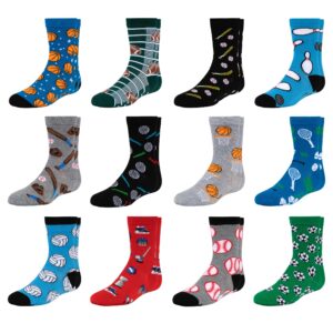 mitch bogen boy's novelty crew dress fun design socks 12 pairs assorted sports shape pattern (boys 1, medium)