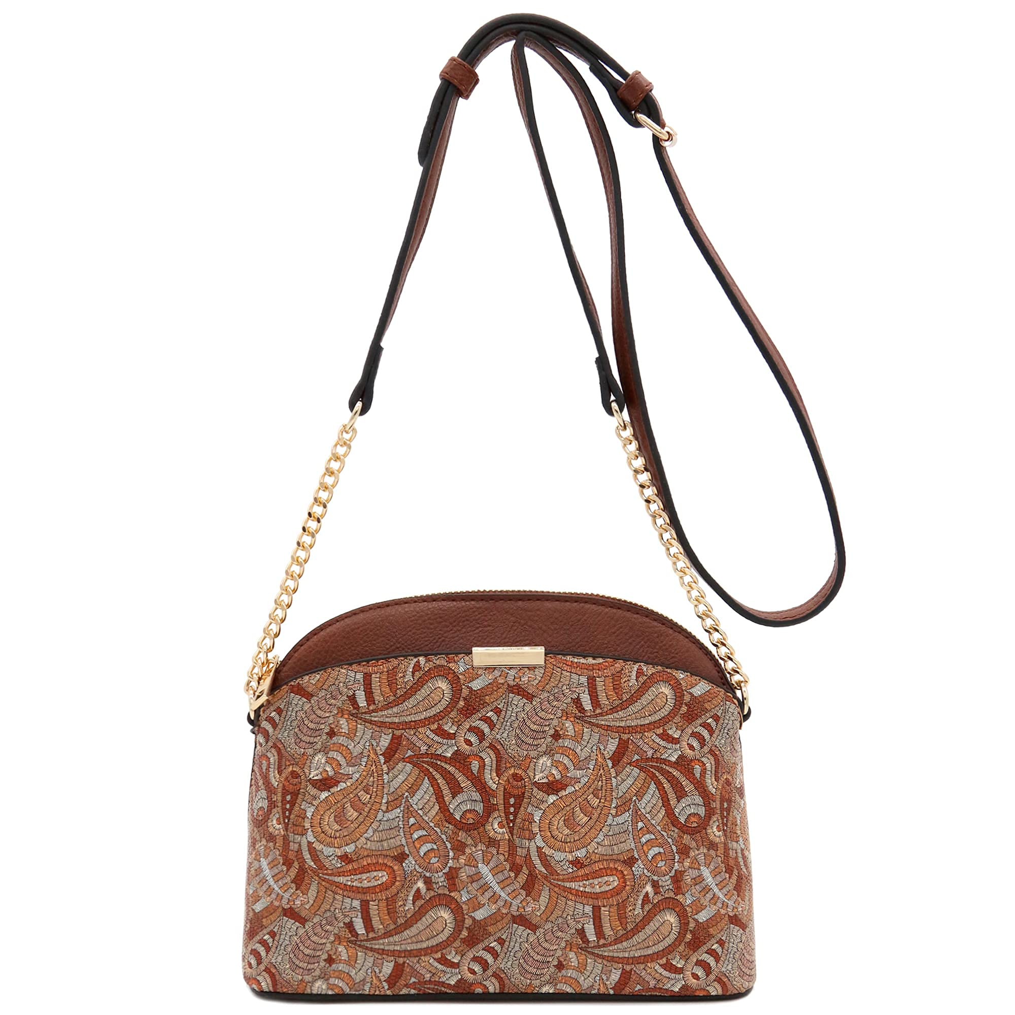 FashionPuzzle Paisley Print Small Dome Crossbody with Chain Strap (Brown/Brown)