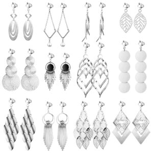 12 pairs clip on drop dangle earrings set bohemian tassel pendant clip earrings plated ear clips non-piercing pendant earrings for women (silver)