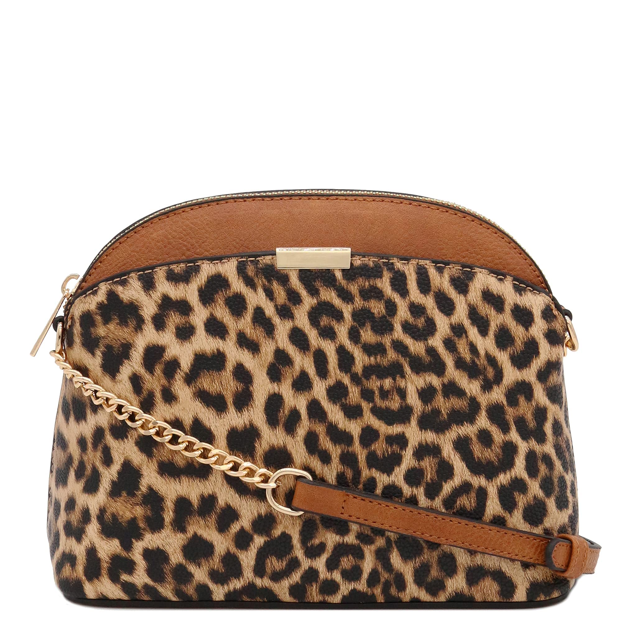 FashionPuzzle Leopard Print Small Dome Crossbody with Chain Strap (Classic Tan/Tan)