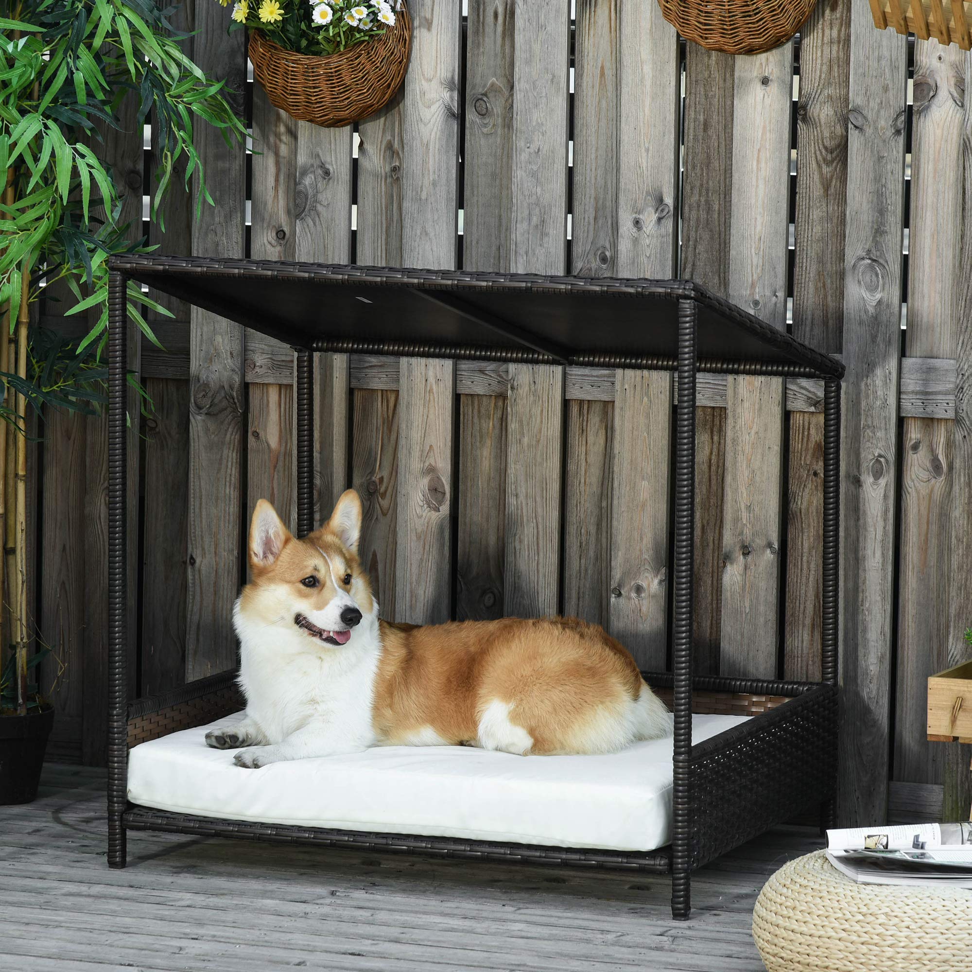 PawHut Wicker Dog House Raised Rattan Puppy Bed Cat Shelter for Indoor Outdoor Garden Patio Pet Sofa with Removable Cushion for Medium Sized Pet Brown