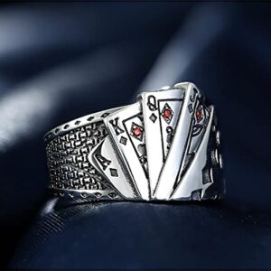 Poker Cards Ring Vintage Diamond Spade Flush Playing Cards Statement Ring Band Adjustable Stainless Steel Hip Hop Punk Casino Gambling Jewelry for Women Men Boys Girls (Diamond)