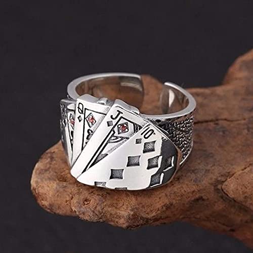 Poker Cards Ring Vintage Diamond Spade Flush Playing Cards Statement Ring Band Adjustable Stainless Steel Hip Hop Punk Casino Gambling Jewelry for Women Men Boys Girls (Diamond)