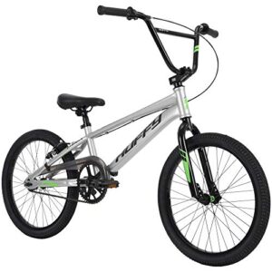 huffy axilus 20" kid's bmx bike, beginner level rider, ages 5+ years old, 3 piece steel crank, 44/16 gearing, rugged and durable, strong and lightweight for speed and handling, matte silver