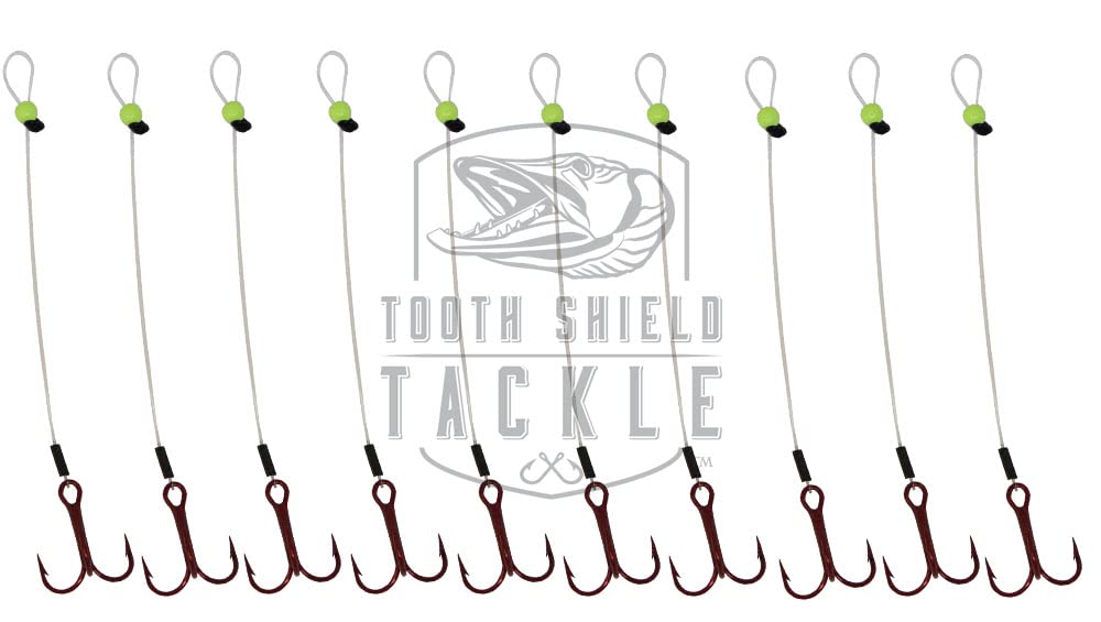 Tooth Shield Tackle 10-Pack Walleye Stinger Hooks/Trailer Hooks 15lb Fluorocarbon Leader Material Red VMC Hooks [Chartreuse] (Hook Size: 8)