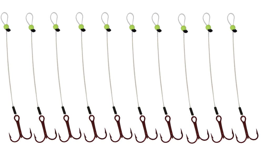 Tooth Shield Tackle 10-Pack Walleye Stinger Hooks/Trailer Hooks 15lb Fluorocarbon Leader Material Red VMC Hooks [Chartreuse] (Hook Size: 8)