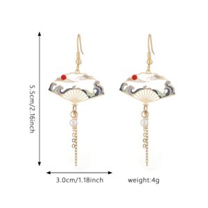 GBAHFY Chinese style Folding Fan Modeling Crane cloud Hanging Dangle National Style Earrings for Women Hollow asymmetric Metal Jewelry (Folding Fan Earring-Gold)