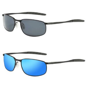 zhile polarized sunglasses for men, 8-base curve wrap metal frame for fishing sporting driving with sunglasses case (2 pack (black & blue), 57)