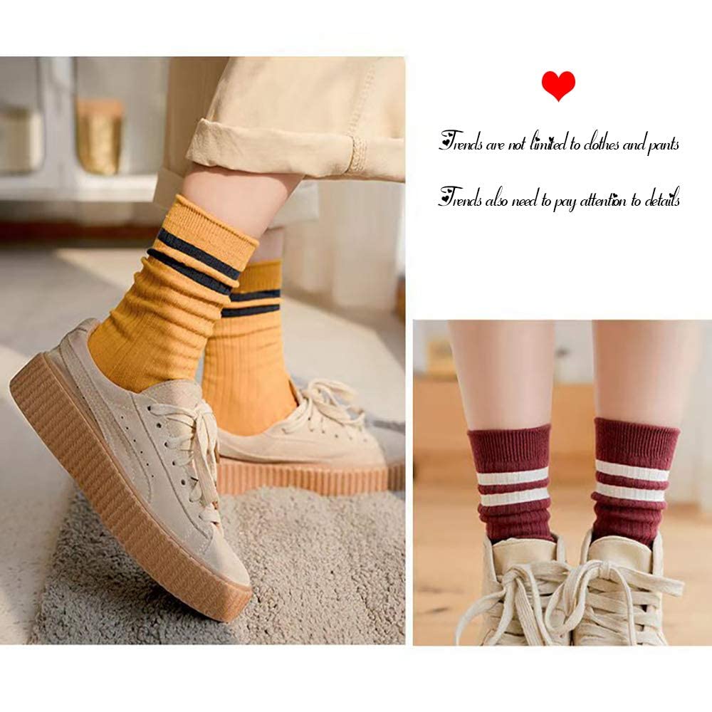 METICK Striped Crew Socks 10 Pairs Retro Cute Long Tube Crew Socks for Women