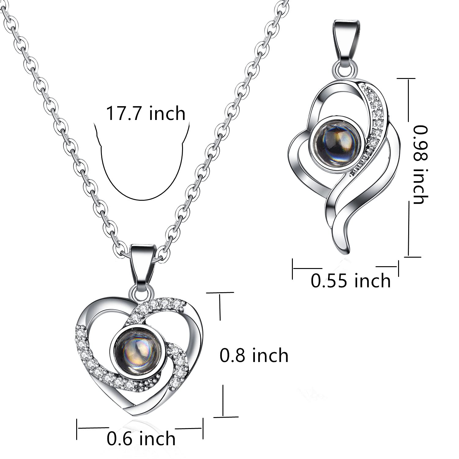 NW 2 pcs Pendants i love you necklace in 100 languages Projection Heart Pendant necklace for women mother with led light heart gift box SLIVER