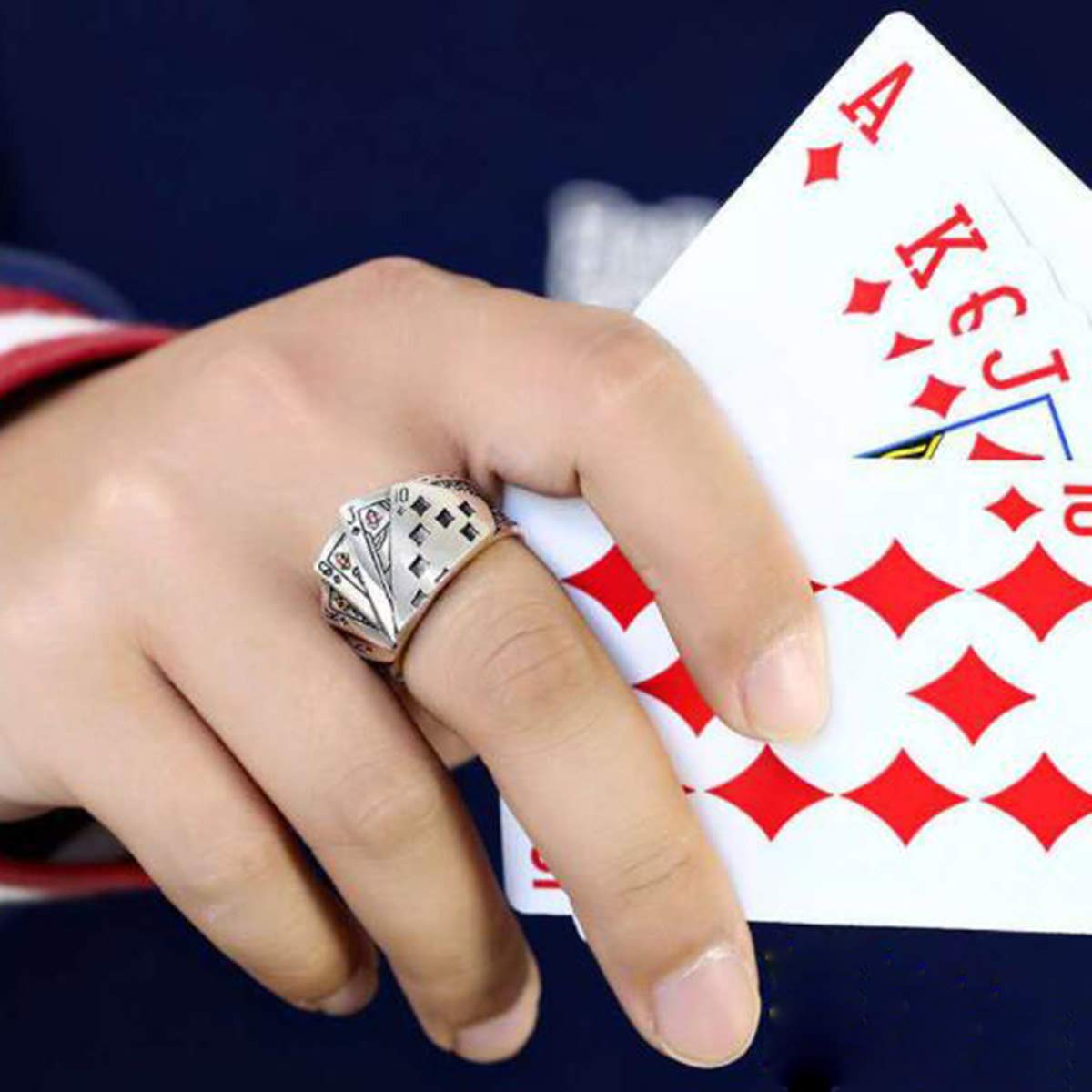 Poker Cards Ring Vintage Diamond Spade Flush Playing Cards Statement Ring Band Adjustable Stainless Steel Hip Hop Punk Casino Gambling Jewelry for Women Men Boys Girls (Diamond)