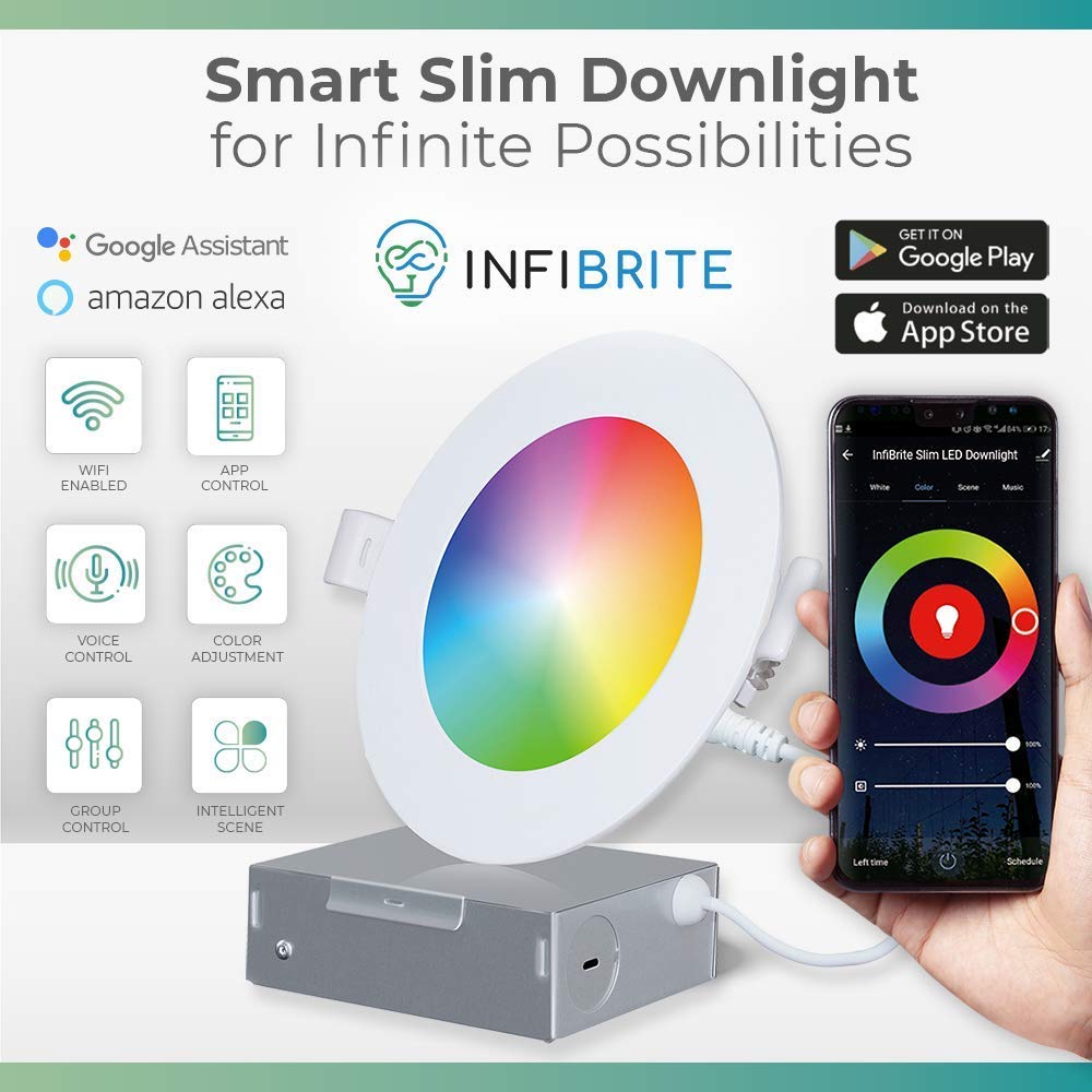 INFIBRITE 6 Inch WiFi Smart Ultra-Thin LED Ceiling Mount Recessed Light 12W 1100LM Dimmable with Junction Box, App & Voice Control, Alexa/Google Compatible, ETL & Energy Star, Wet Rated (6 Pack)