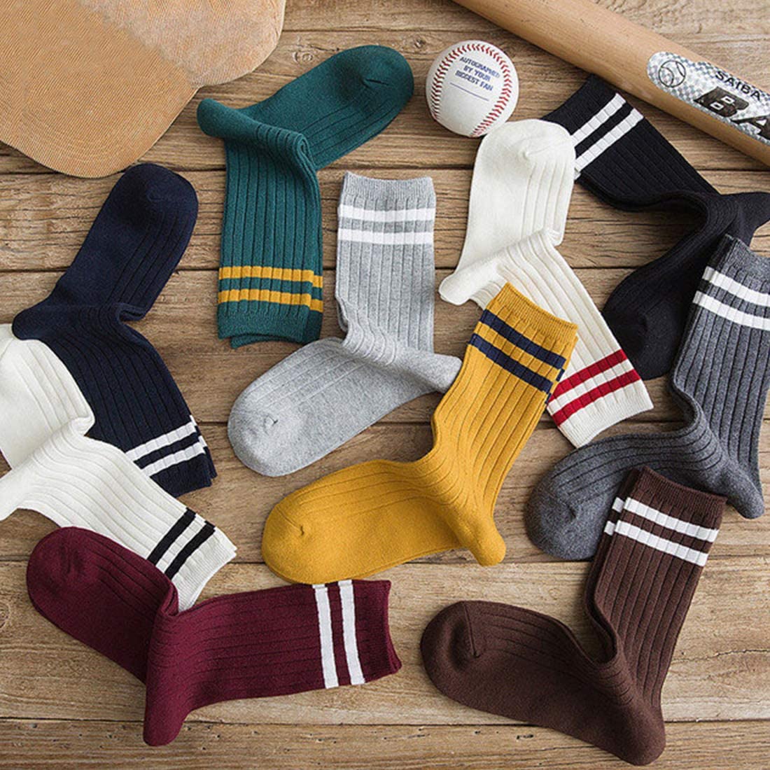 METICK Striped Crew Socks 10 Pairs Retro Cute Long Tube Crew Socks for Women