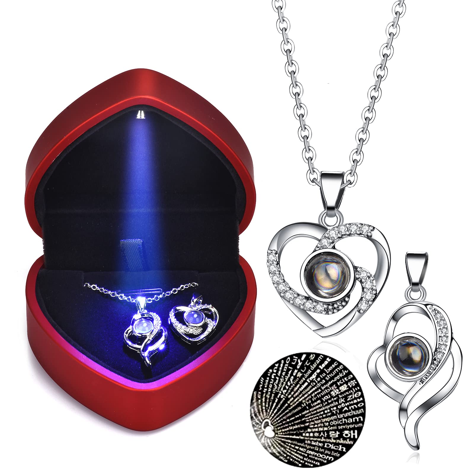 NW 2 pcs Pendants i love you necklace in 100 languages Projection Heart Pendant necklace for women mother with led light heart gift box SLIVER