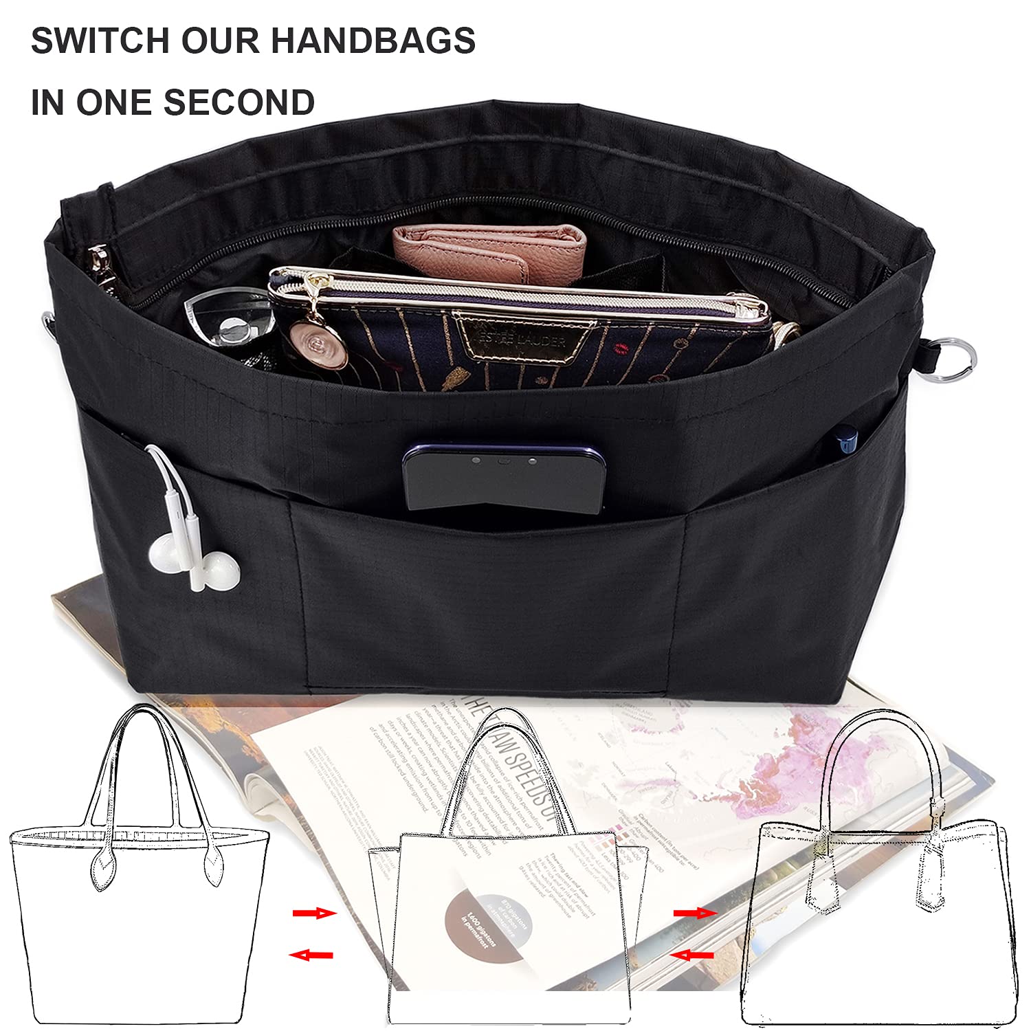 Time Wing Handbag Tote Purse Organizer Insert Bag Liner Shaper Pocketbook Divider Zipper 11 Pockets Compartments X Large Black