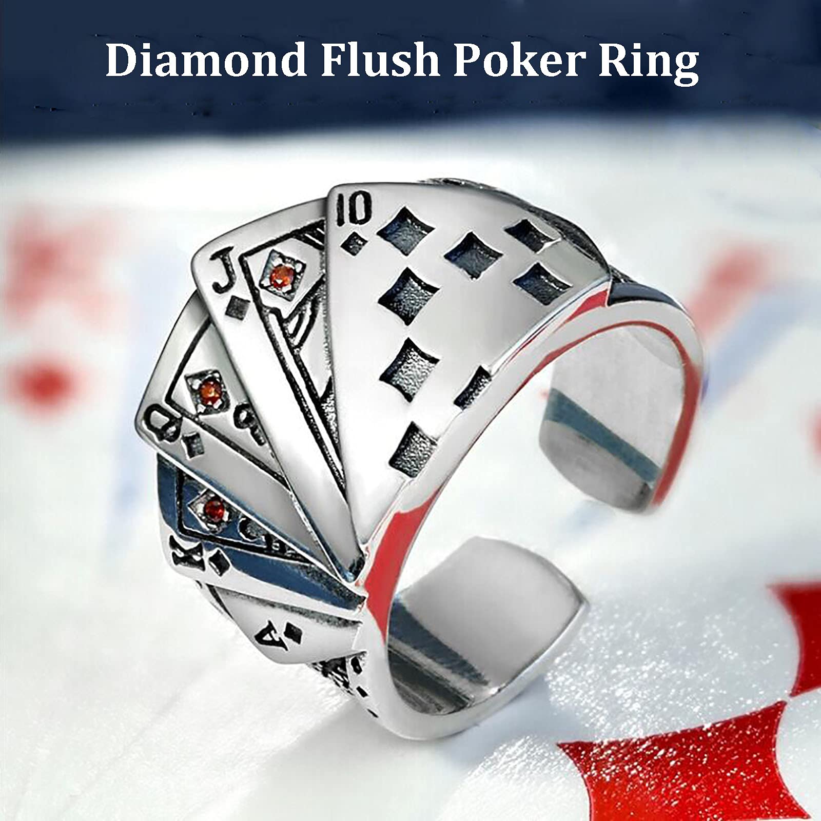 Poker Cards Ring Vintage Diamond Spade Flush Playing Cards Statement Ring Band Adjustable Stainless Steel Hip Hop Punk Casino Gambling Jewelry for Women Men Boys Girls (Diamond)