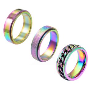 woynji 3pcs stainless steel fidget spinner ring for women men gay lesbian lgbt pride anxiety stress relieving rainbow size 7