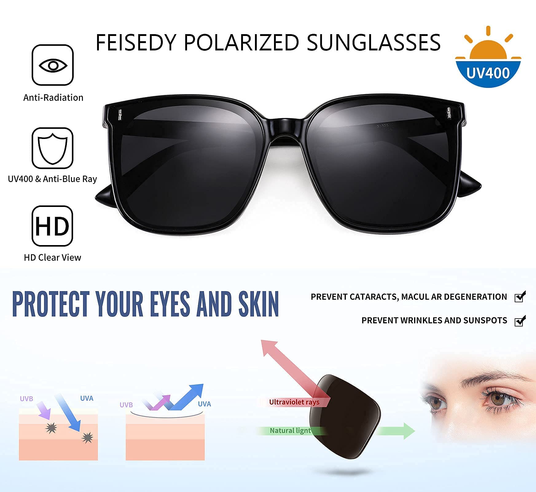 FEISEDY Women Oversized Vintage Polarized Sunglasses Square Cute Trendy Classic Simple Men B2758