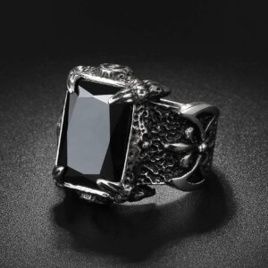 BAVIPOWER Viking Dragon Claw Axe Black Gem Stone Ring Stainless Steel Asatru Pagan Protection Jewelry for Mens Womens