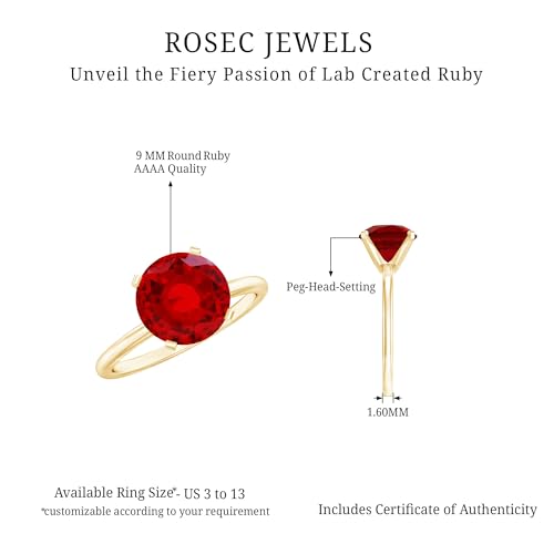 Rosec Jewels Certified Lab Grown Ruby 9mm Round Shape Engagement Ring for Women, AAAA Quality, Ruby Solitaire Ring - Ready to Gift, 14K Yellow Gold, Size:US 11.50