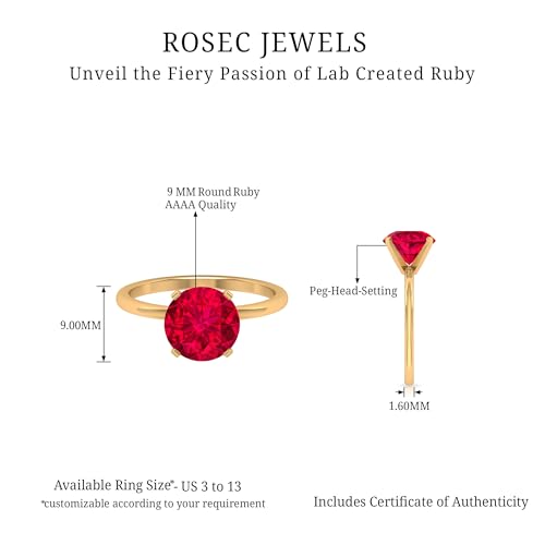 Rosec Jewels Certified Lab Grown Ruby 9mm Round Shape Engagement Ring for Women, AAAA Quality, Ruby Solitaire Ring - Ready to Gift, 14K Yellow Gold, Size:US 11.50