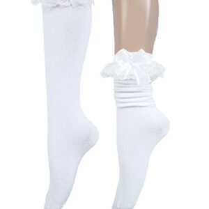 CAT KO Women Soft Knee High Socks Lovely & Cute Solid color Lace Ruffle Girls socks for Lolita ONLY TRUE SOLD (WHITE)