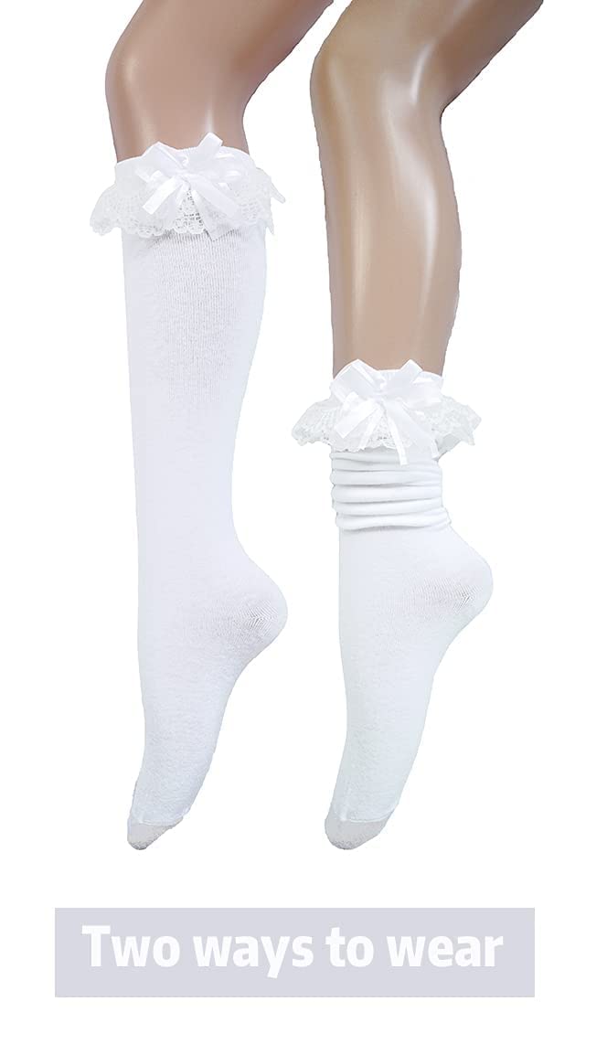 CAT KO Women Soft Knee High Socks Lovely & Cute Solid color Lace Ruffle Girls socks for Lolita ONLY TRUE SOLD (WHITE)