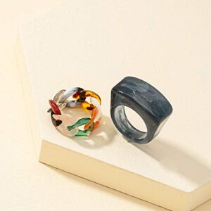 2/3Pcs Retro Thick Resin Transparent Acrylic Chunky Wide Face Unique Square Dome Knuckle Ring Colorful Chain Stackable Statement Finger Band Ring for Women Jewelry Festival Gifts-B black