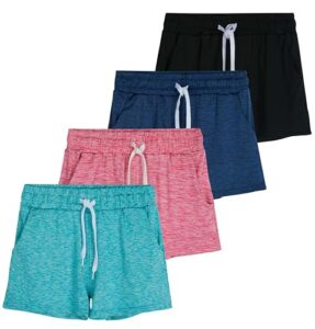 real essentials 4 pack: girls active athletic performance dry fit short running sports shorts soccer tennis summer basketball lounge casual sleep bottoms gym workout kids dolphin - st 2,m (10-12)