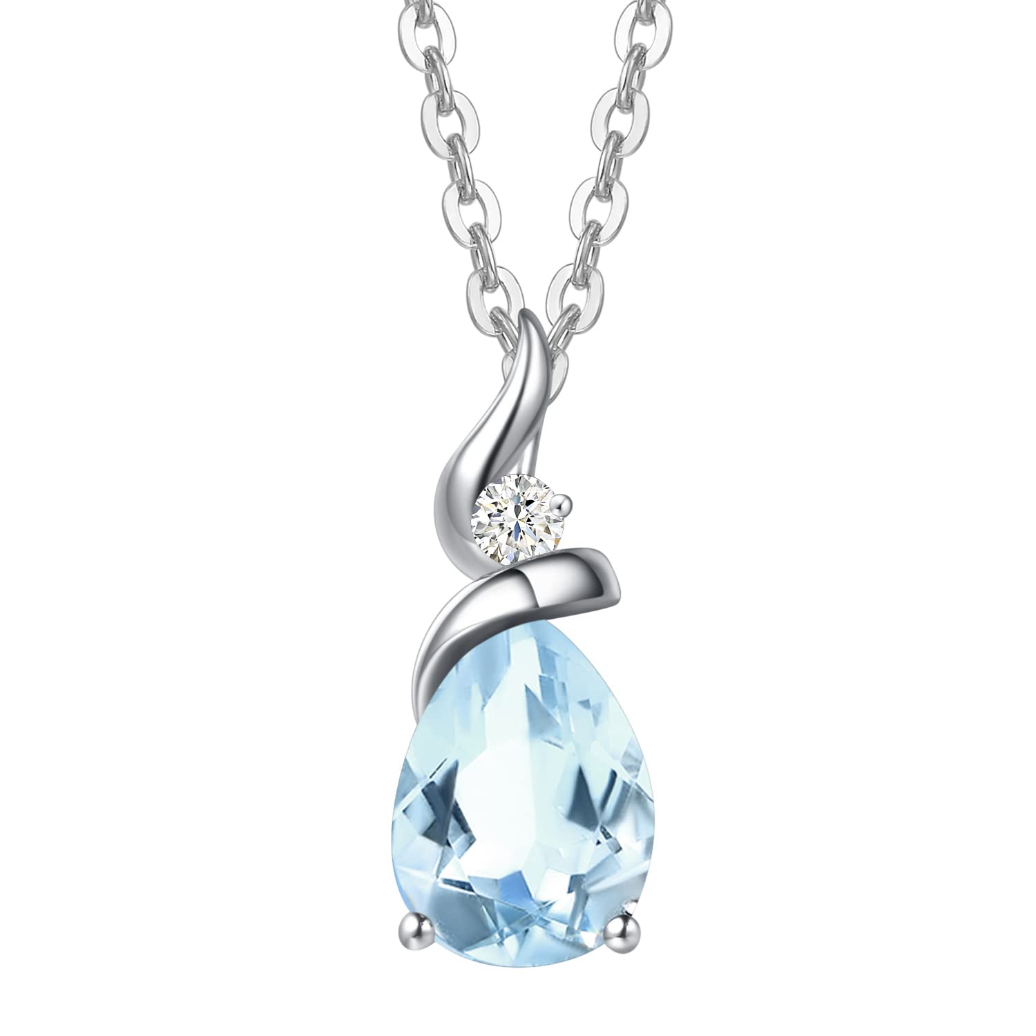 FANCIME Aquamarine Necklace March Birthstone Jewelry 14K Solid White Gold Pear Shaped Teardrop Pendant Gifts for Mom Women