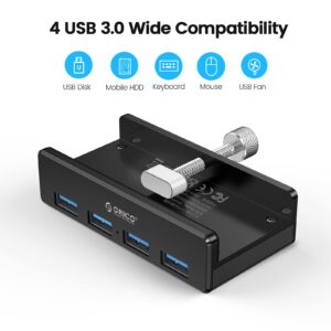 ORICO USB 3.0 Clamp Hub, Aluminum 4-Port USB Hub 3.0 with Extra Power Supply Port and 4.92 FT USB Data Cable, Desktop Powered USB Hub for imac/Laptop/PC (Black)