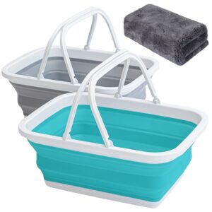 autodeco 2 pack collapsible sink with handle towel, 2.37 gal / 9l foldable wash basin for washing dishes, camping, hiking and home gray and blue