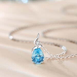 FANCIME Aquamarine Necklace March Birthstone Jewelry 14K Solid White Gold Pear Shaped Teardrop Pendant Gifts for Mom Women