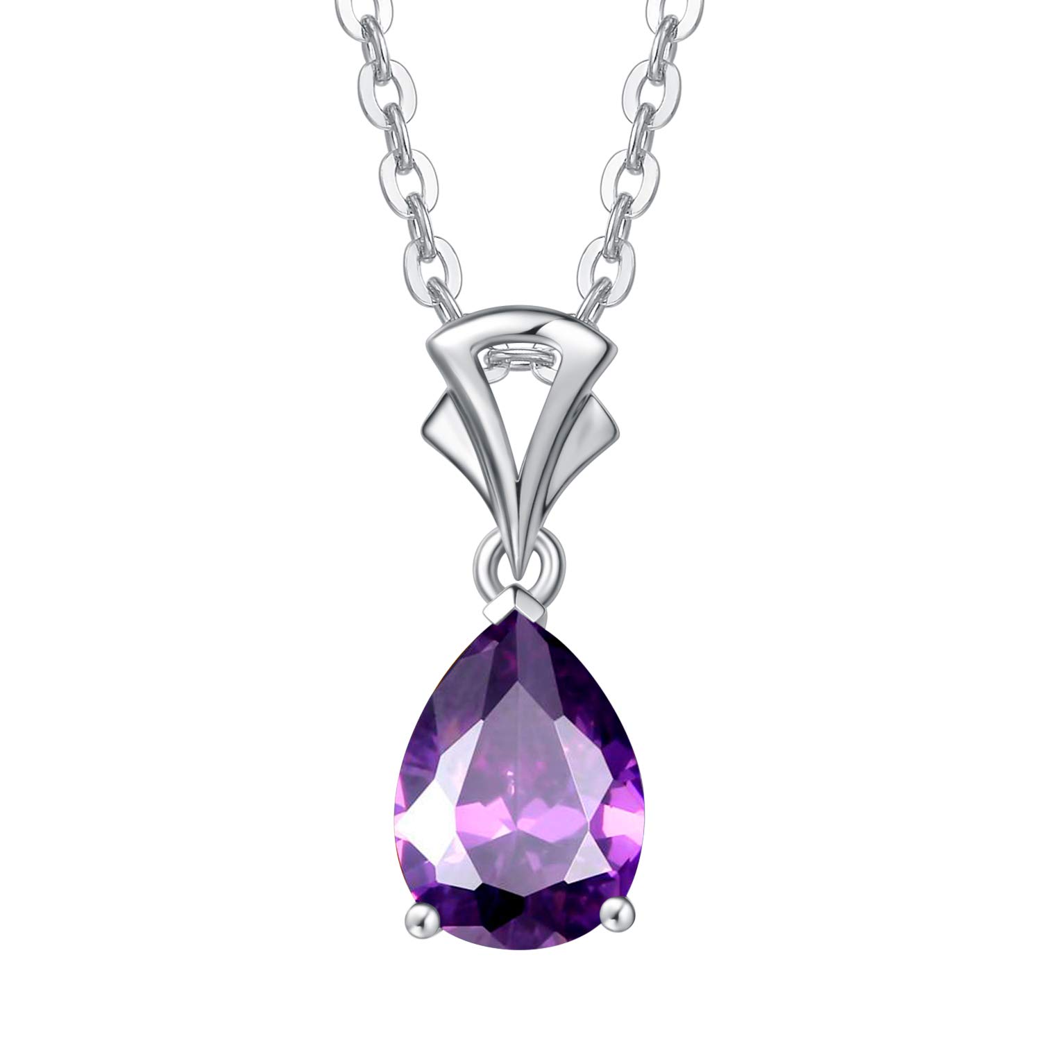 FANCIME Natural Amethyst Necklace 14K Solid White Gold Teardrop Pendant February Birthstone Jewelry Gifts for Mom Women