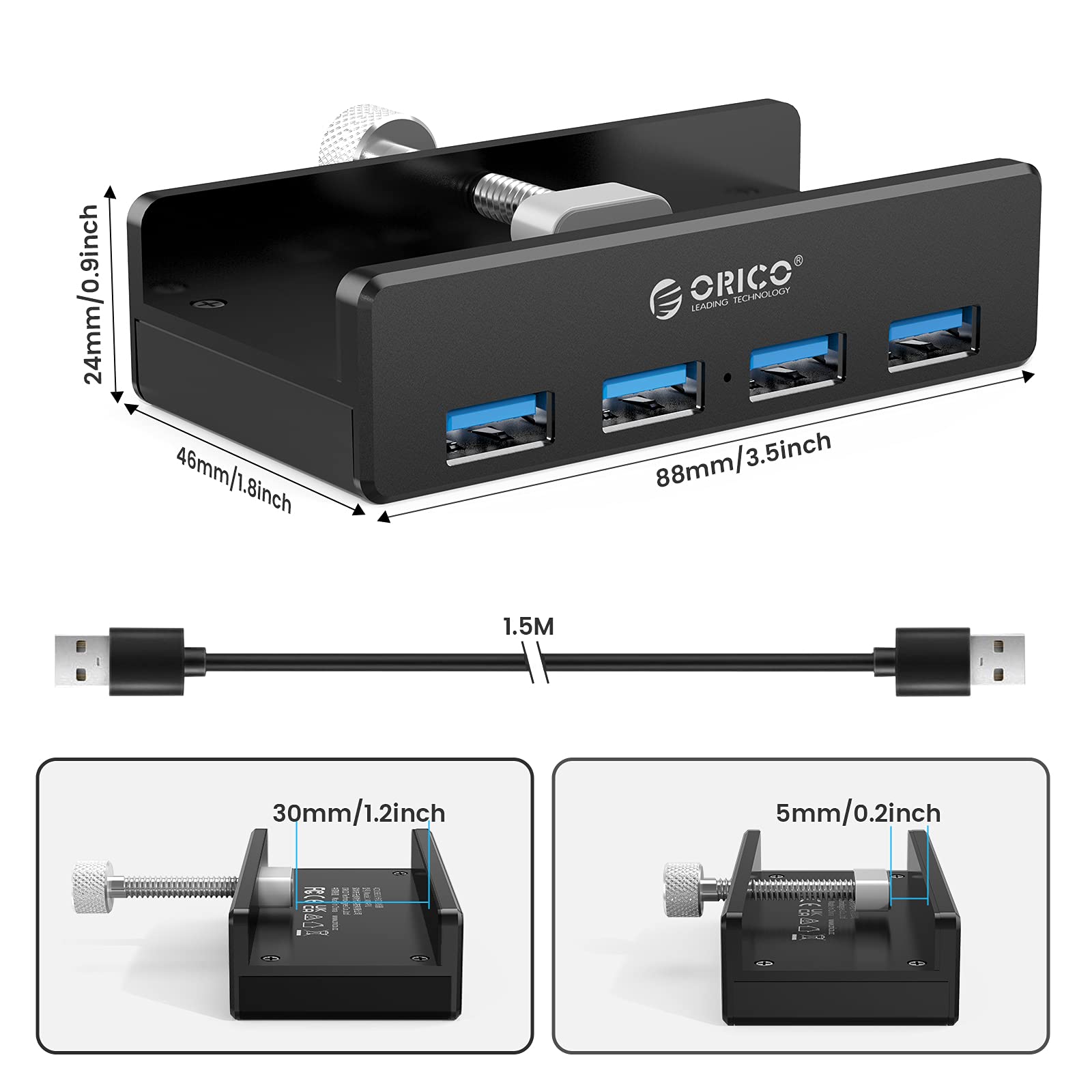 ORICO USB 3.0 Clamp Hub, Aluminum 4-Port USB Hub 3.0 with Extra Power Supply Port and 4.92 FT USB Data Cable, Desktop Powered USB Hub for imac/Laptop/PC (Black)