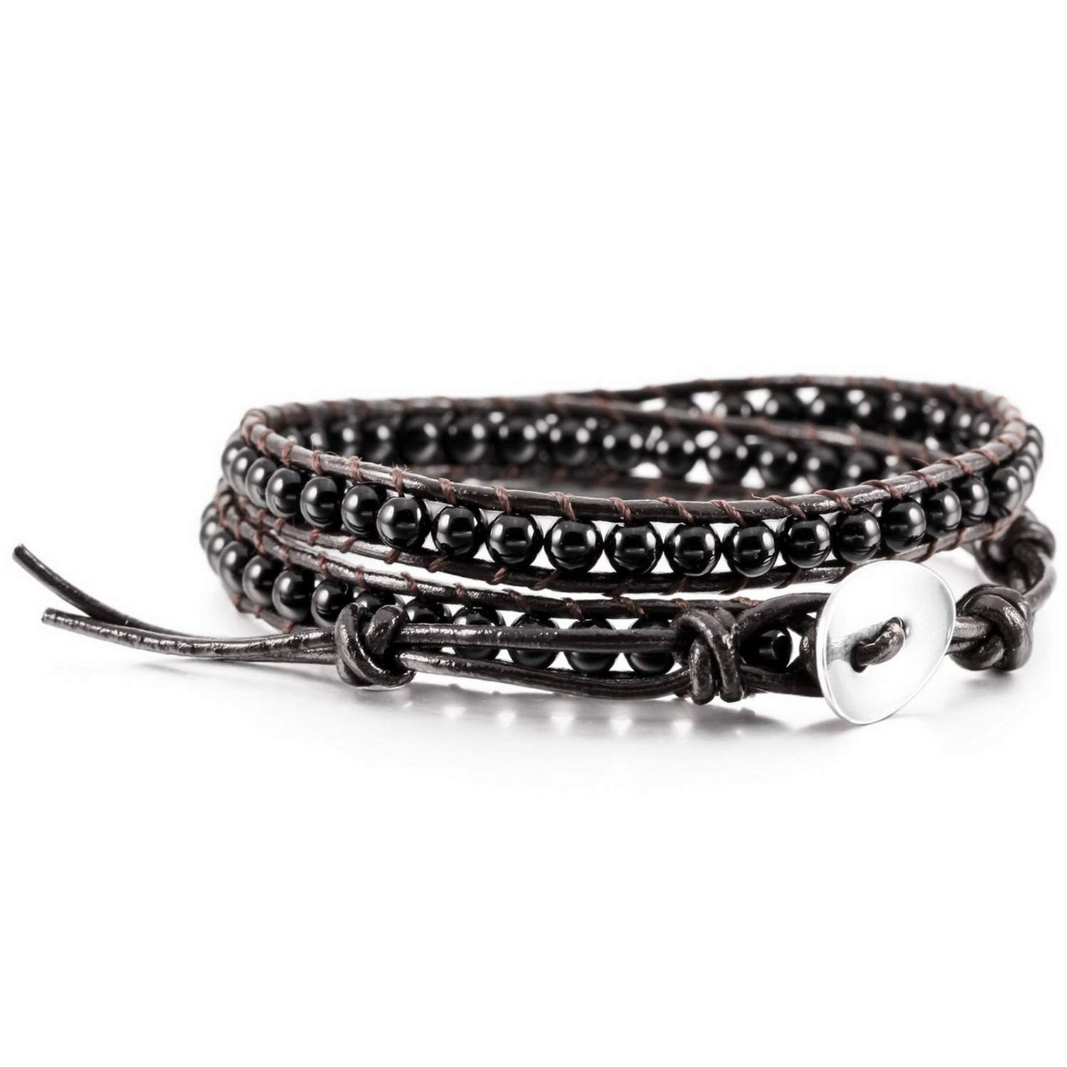 Caiyao Boho Bracelets Adjustable Rope Buckle Handmade Leather-Wrapped Bracelet Jewelry Bohemian Style Bracelets Natural Stone Wrap Bracelets Variety Beads Strand Bracelet -Black