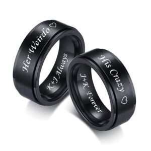 mzzj personalized inside her weirdo & his crazy couple ring set 8mm black brushed stainless steel step edges fidget spinner engagement ring wedding bands