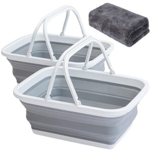 autodeco 2 pack collapsible sink with handle towel, 2.37 gal / 9l foldable wash basin for washing dishes, camping, hiking and home gray