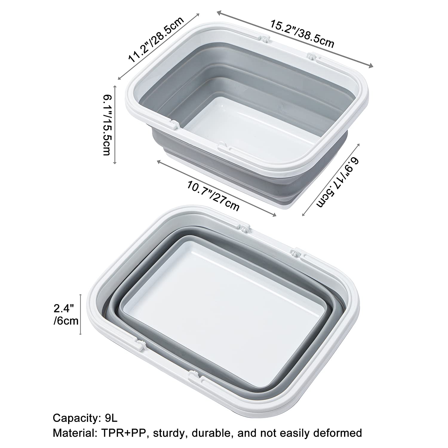 AUTODECO 2 Pack Collapsible Sink with Handle Towel, 2.37 Gal / 9L Foldable Wash Basin for Washing Dishes, Camping, Hiking and Home Gray and Blue