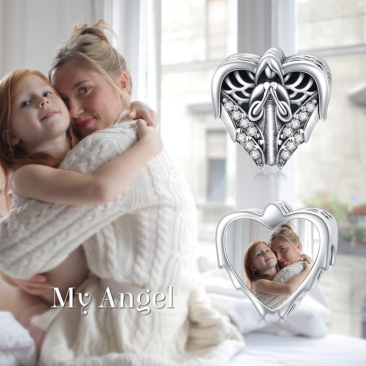 LONAGO Guardian Angel Wing Heart Photo Charm Personalized for Bracelet Custom Person Pet Cat Dog's Picture Bead Charm