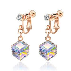 cube austrian crystal drop clip on dangle earrings for women non pierced 14k rose gold plated hypoallergenic jewelry (aurora borealis)